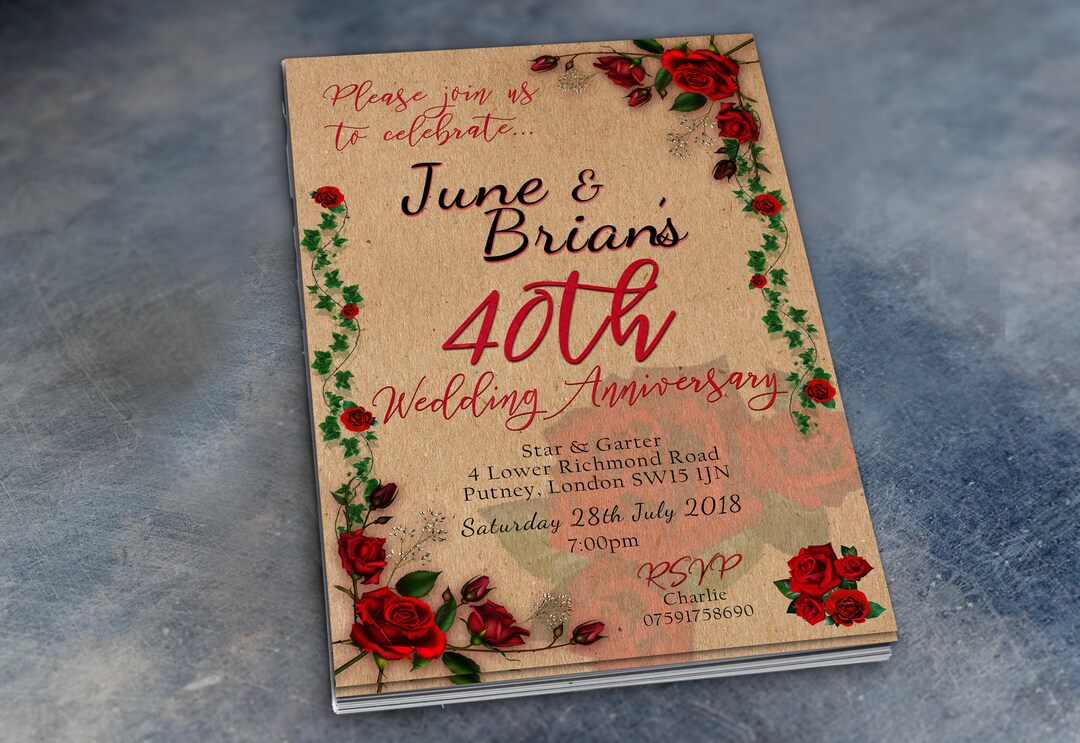 Ruby Wedding Anniversary Invitations & Envelopes 40th Personalised ...
