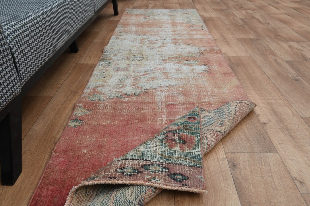 2.4x8.4 Ft, TURKISH RUNNER, Faded Pink Green Runner, Vintage Runner ...