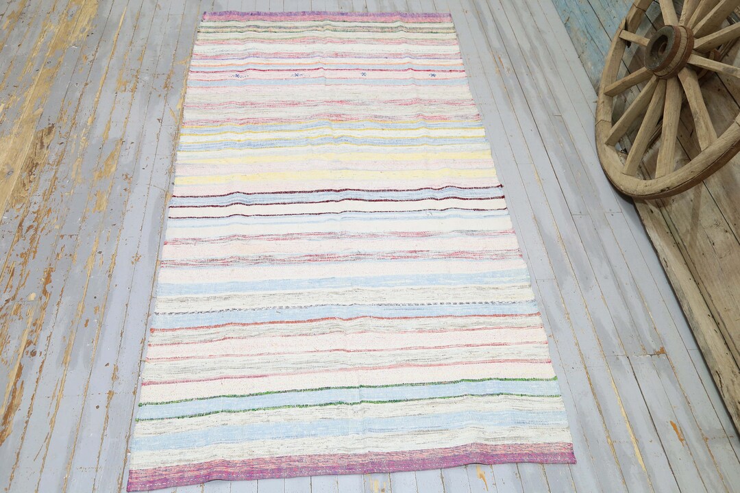 6.1x9.3 TURKISH KILIM, Pastel White Turquoise Yellow FLATWEAVE Vintage ...