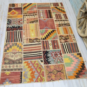 6.4x9.6, Kilim Vintage Turkish Patchwork Rug, Wool Flatweave Handmade ...