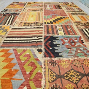 6.4x9.6, Kilim Vintage Turkish Patchwork Rug, Wool Flatweave Handmade ...