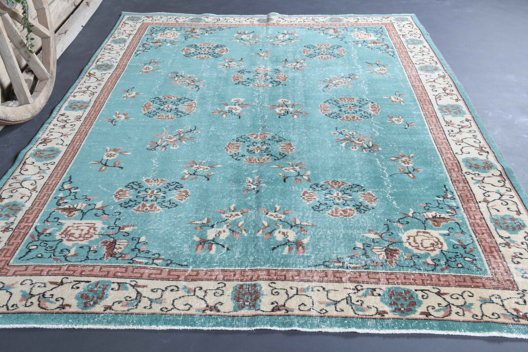 6.9x10 TURKISH RUG, Green, MINIMALIST Colorful Area Rug, Oushak Rug ...