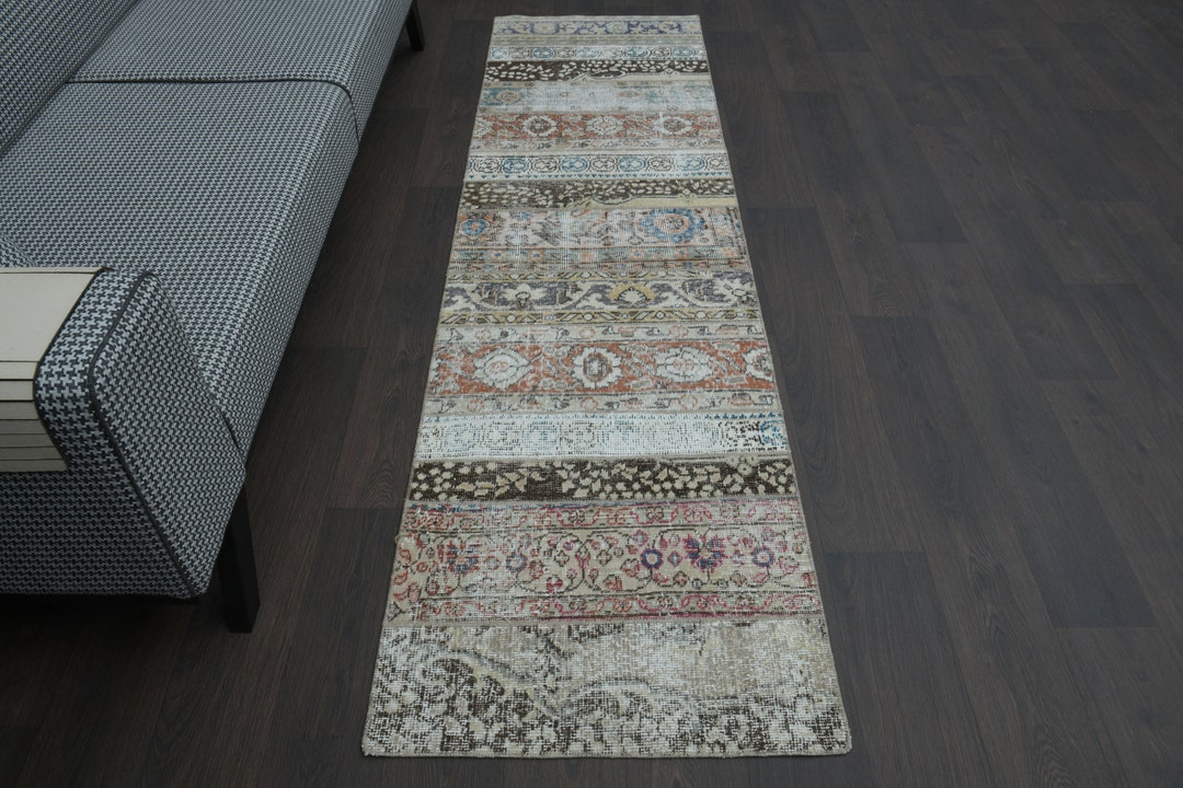 2.3x8 Ft, TURKISH PATCHWORK RUG, Neutral Runner, Vintage Wool Runner ...