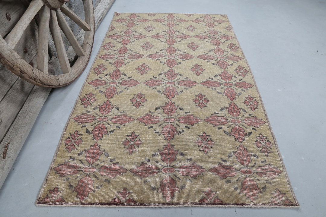 4.2x7.1 VINTAGE RUG, Beige Red Authentic Rug, Allover Faded Red Floral ...