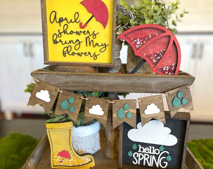 Rainy Day TIERED TRAY/ Spring Rain Themed Decor & Bundle / Wood Signs ...