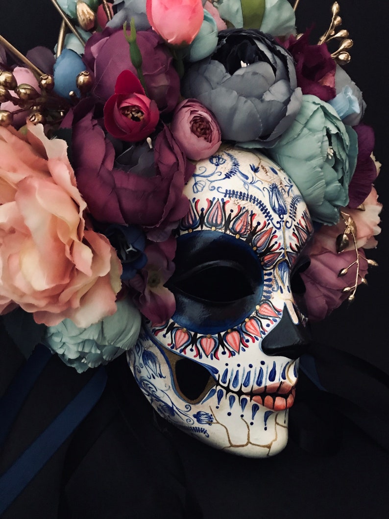 Made to Order .catrina Mask With Pink and Blue Flowers. Day of - Etsy