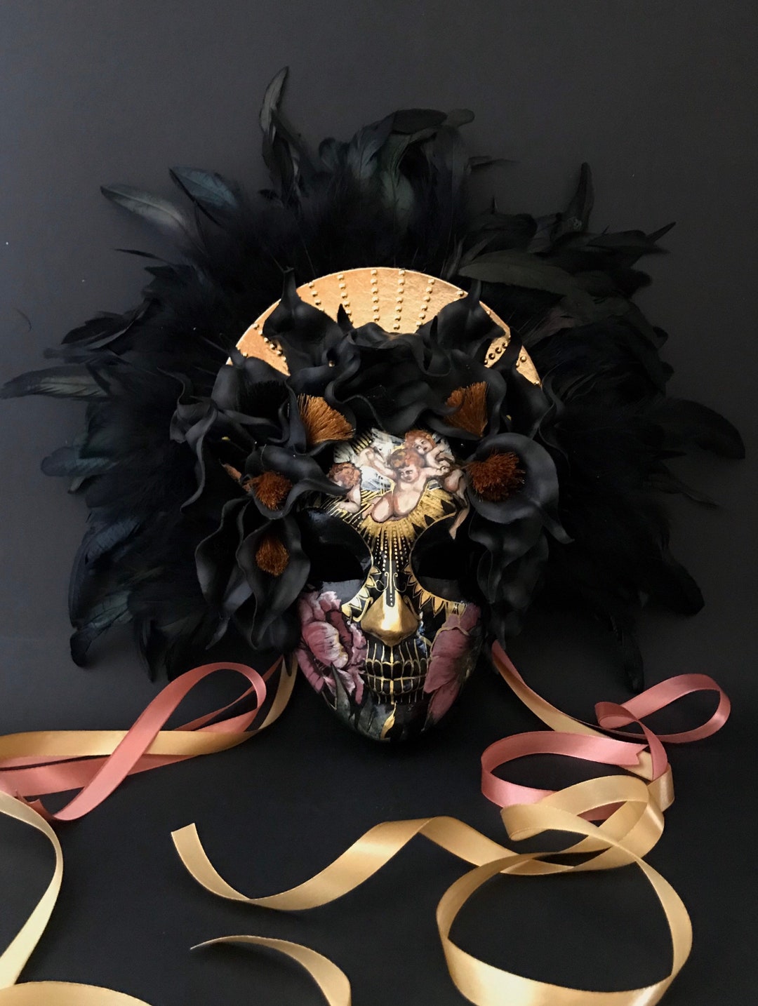 Made to Order . Catrina Mask With Black Feathers. Venetian Style Mask ...