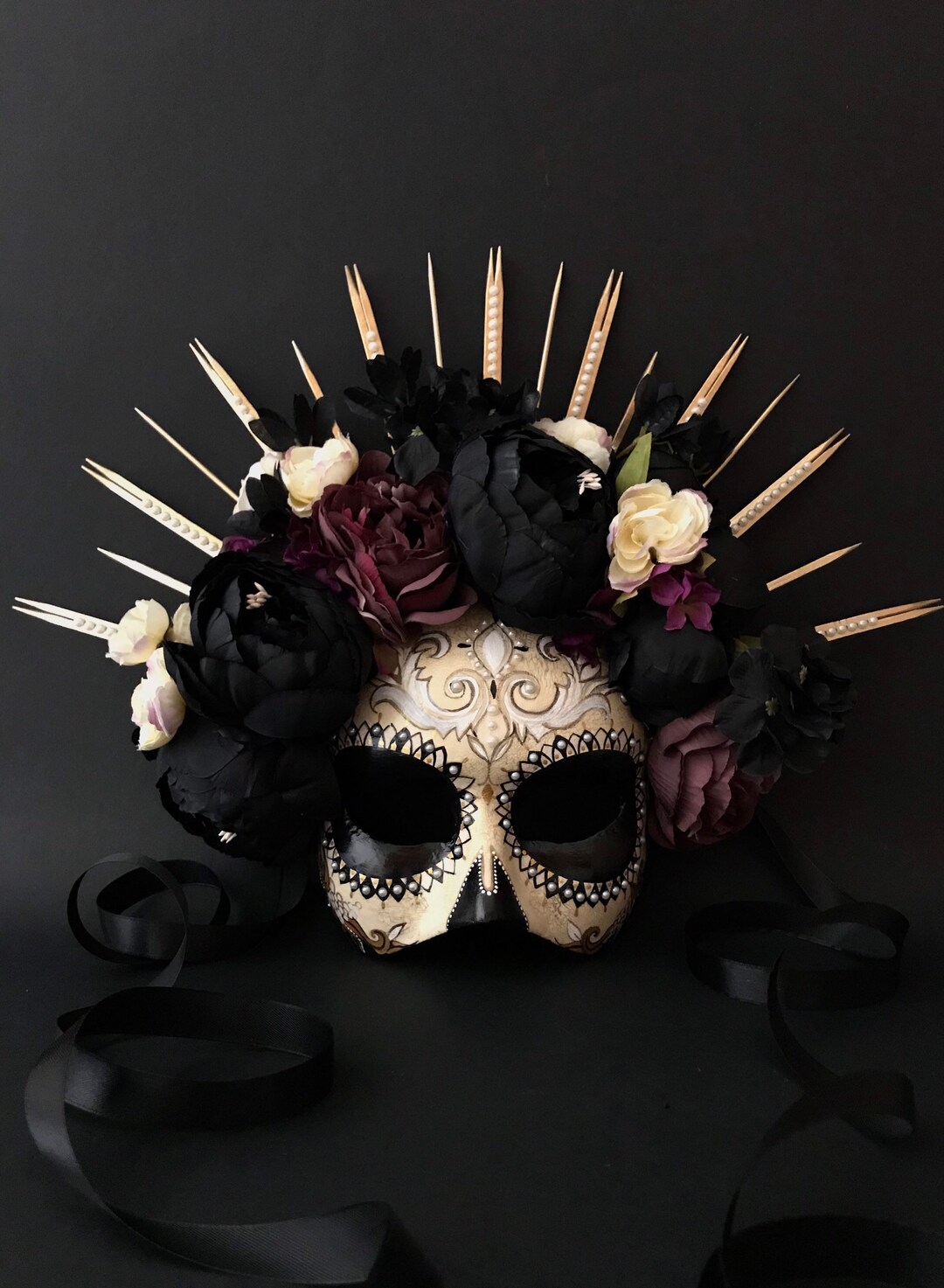 MADE TO ORDER . Half Face Catrina Mask. Catrina Mask With Black Peonies ...