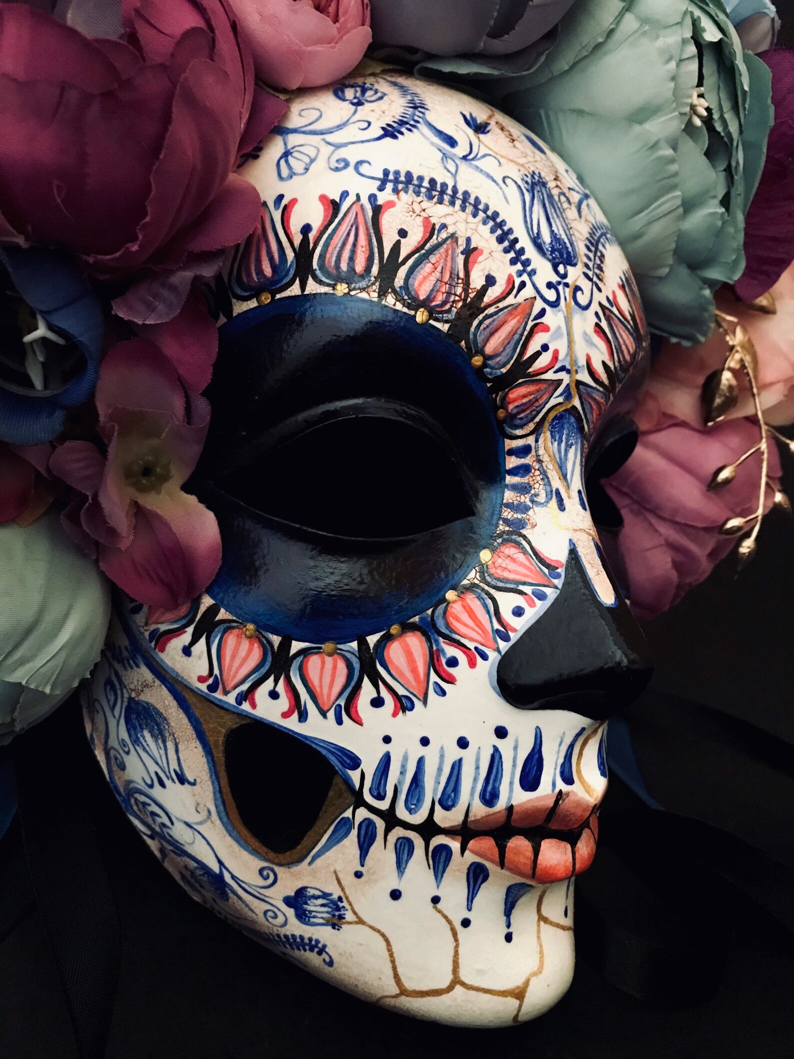 Made to Order .catrina Mask With Pink and Blue Flowers. Day of - Etsy