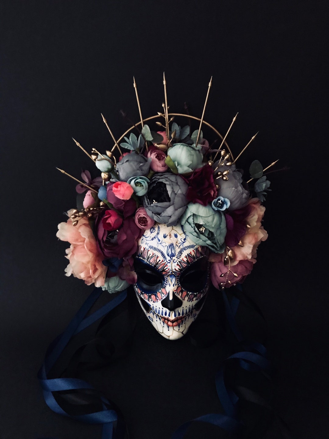 Made to Order .catrina Mask With Pink and Blue Flowers. Day of the Dead ...