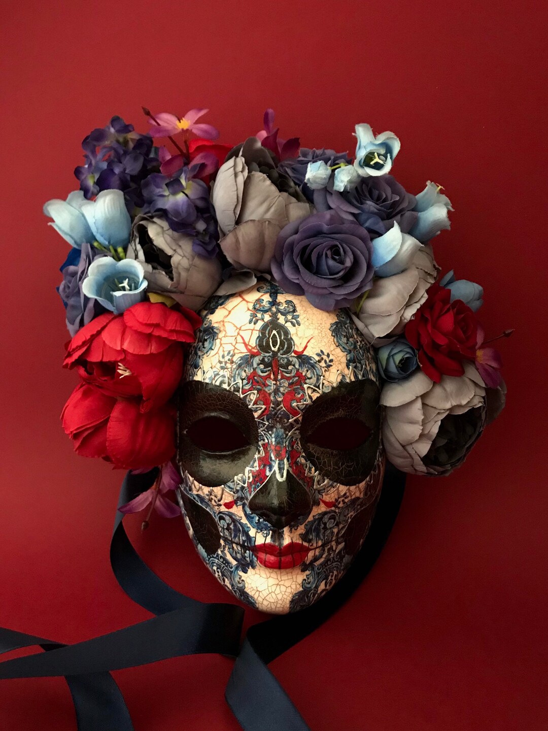 MADE TO ORDER . Blue Catrina. Catrina Mask With Blue and Red Flowers ...