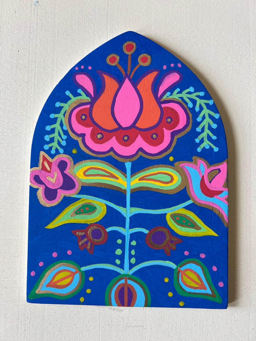 Colorful Folk Art Flower Painting on Gothic Arch Pine Wood Panel - Etsy