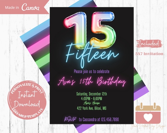 Neon 15th Birthday Invitation Glow Party Invite Fifteenth | Etsy