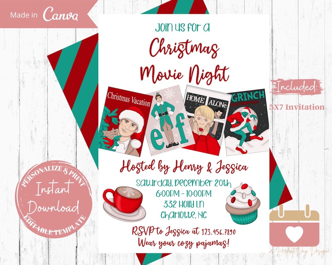 Editable Christmas Movie Night Invitation Template (digital Download ...