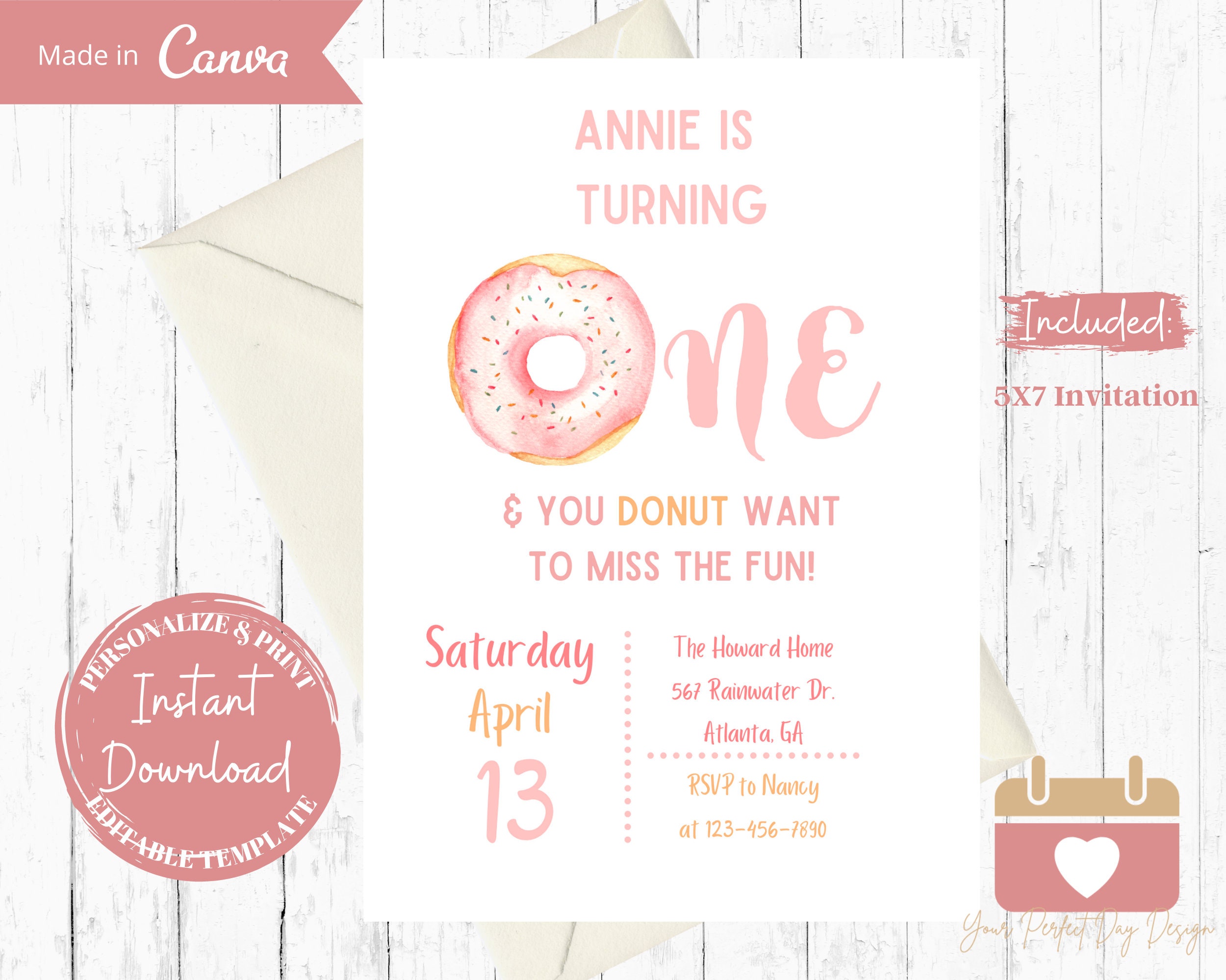 EDITABLE Donut First Birthday Invitation, Donut Party, 1st Birthday ...