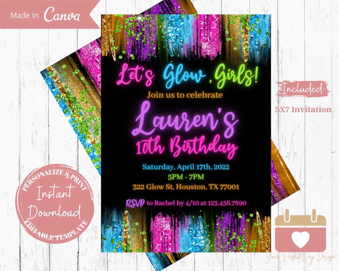 Glow Birthday Invitation, Neon Party Invite, Let's Glow Girls!, for ...