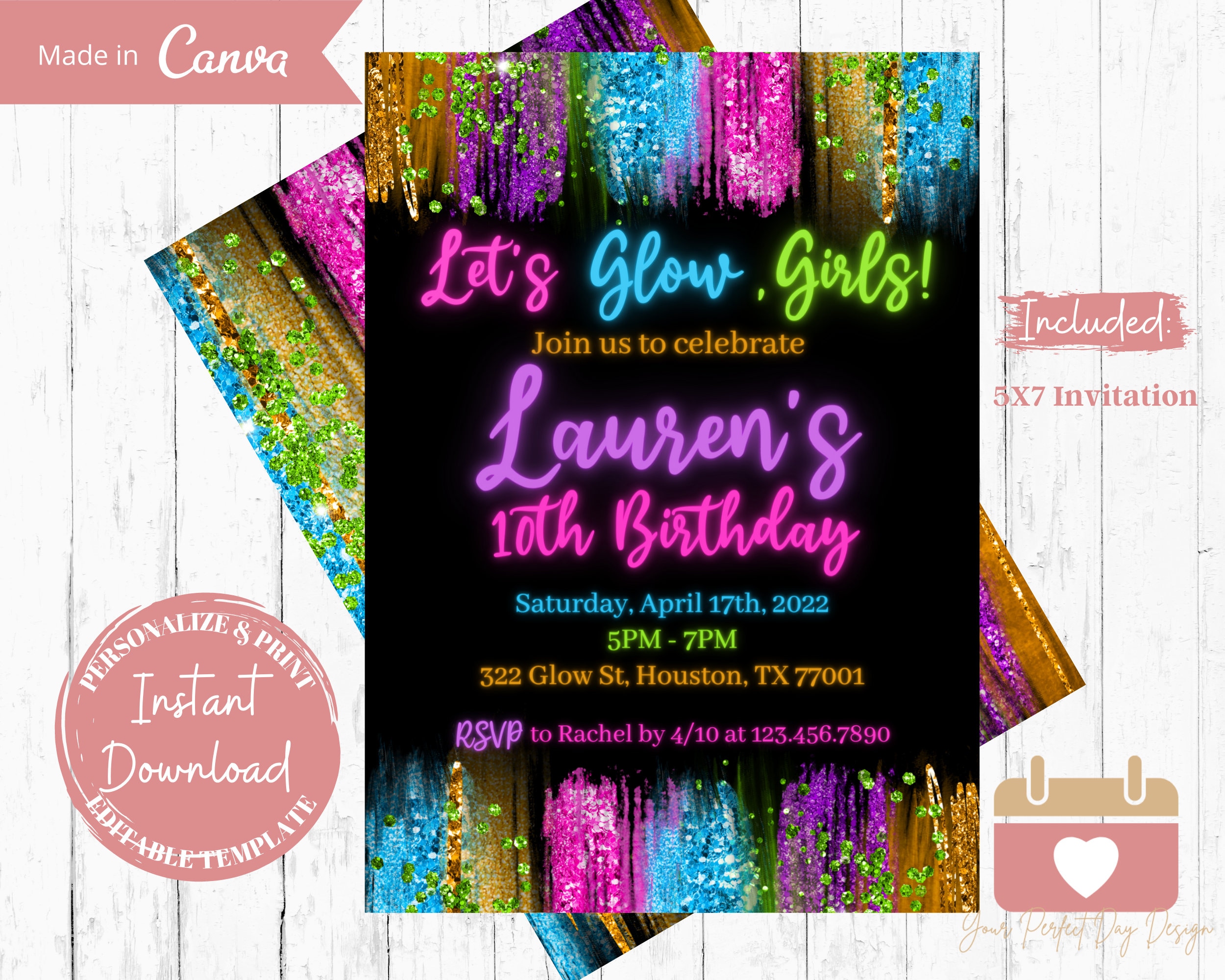 Glow Birthday Invitation Neon Party Invite Let's Glow - Etsy