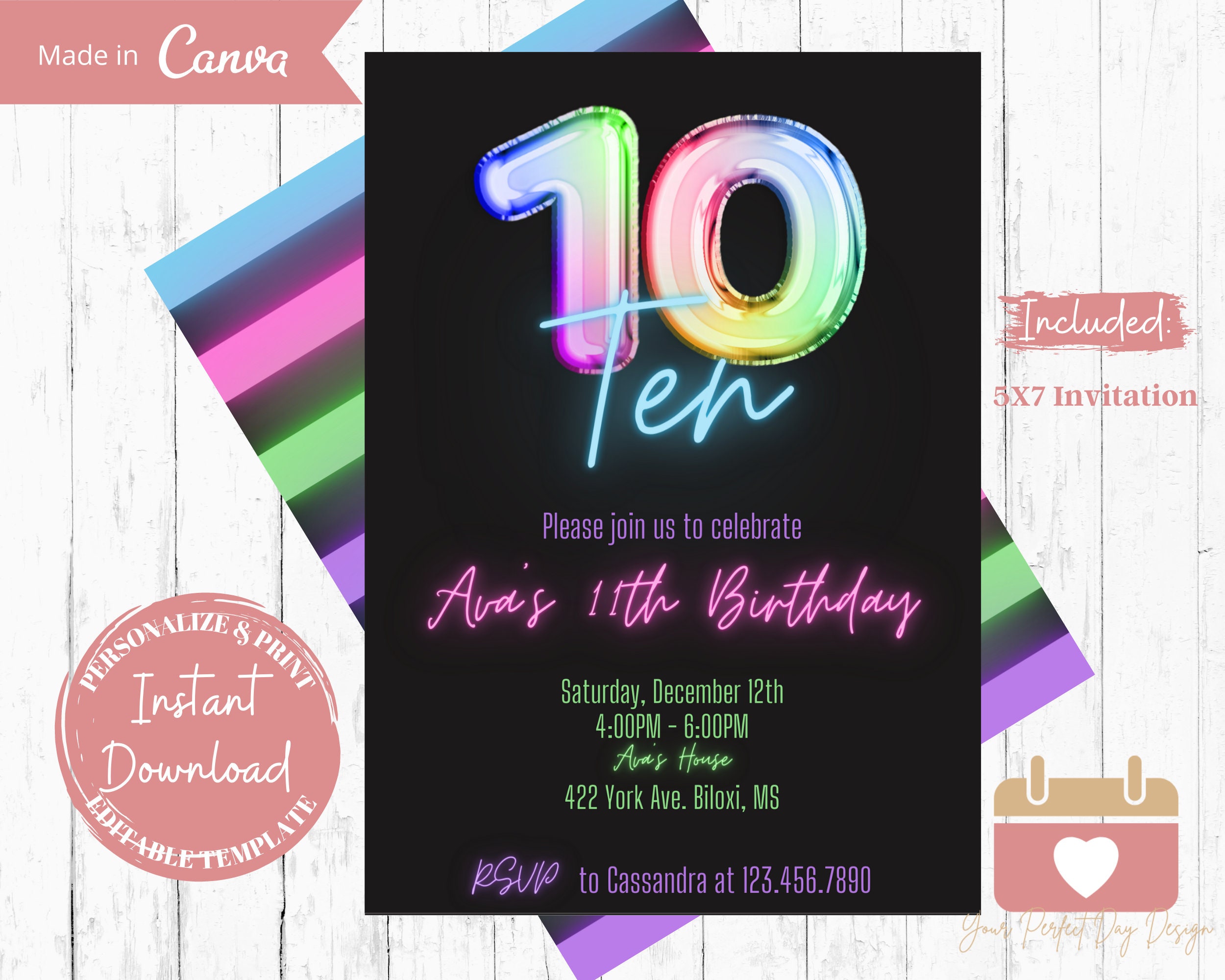 Neon 10th Birthday Invitation: Glow Party, Editable (digital Download ...