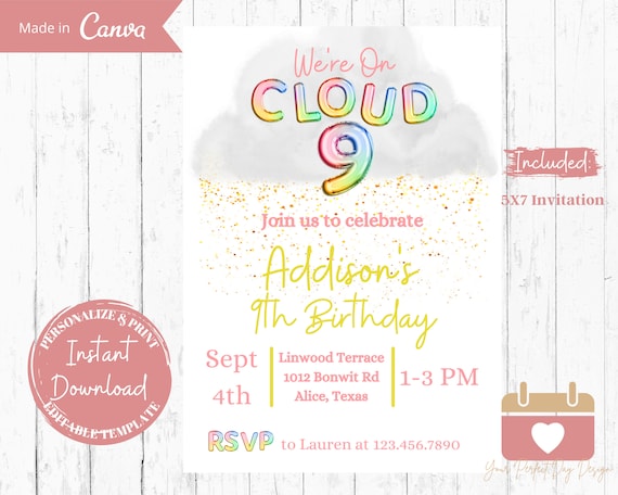 Editable Cloud Girls Birthday Invite Graphic By