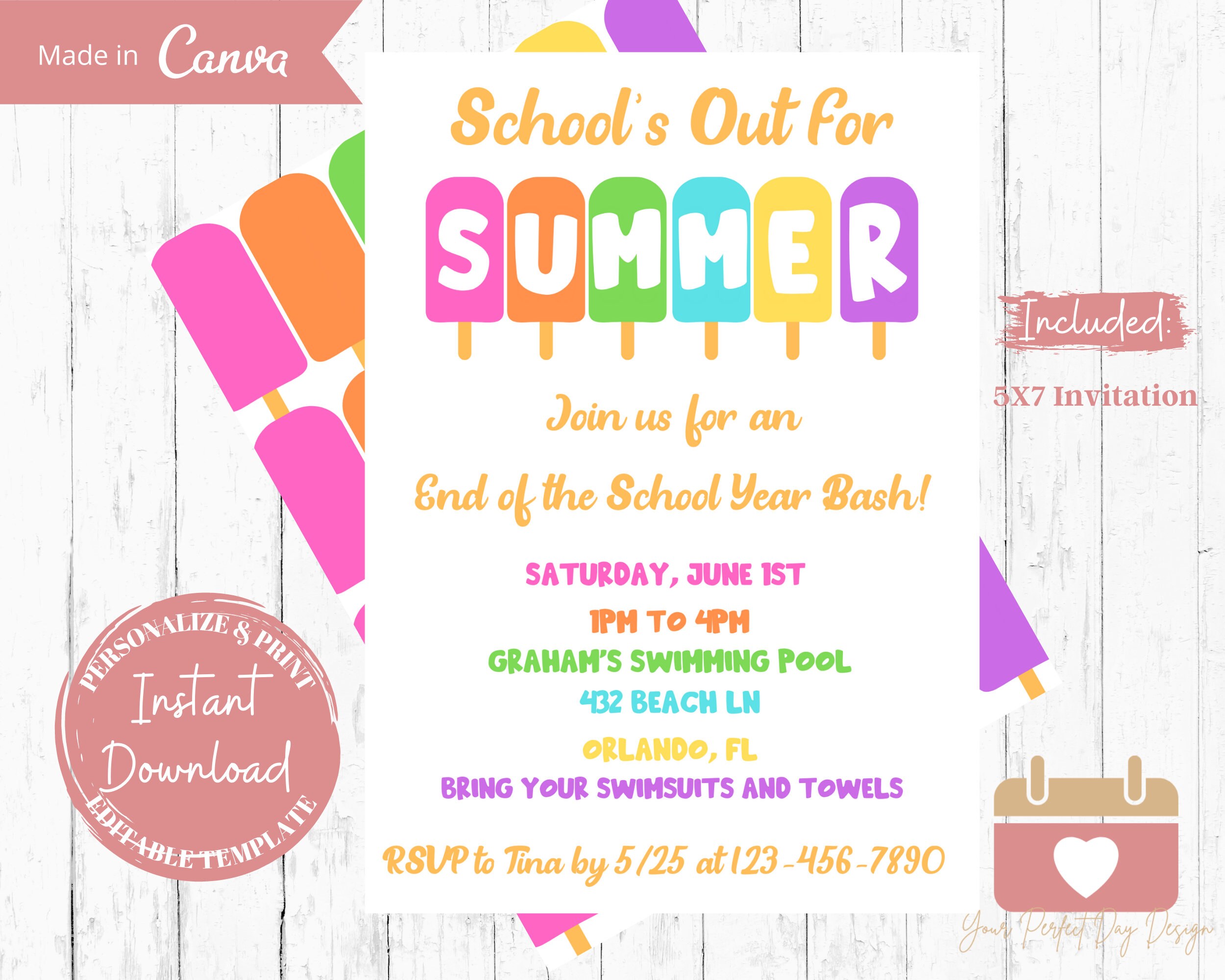 Editable End of School Year Bash, Last Day of School Party Invitation ...