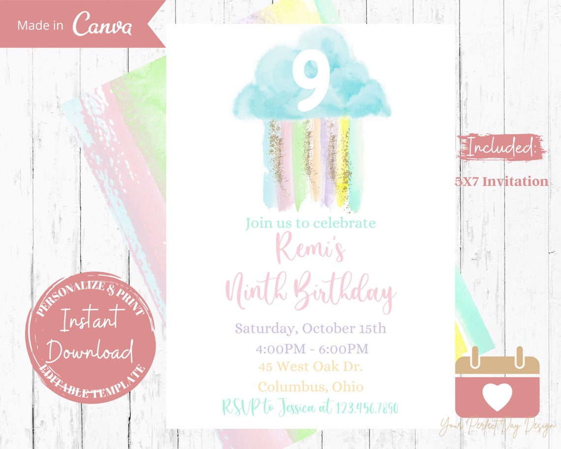 Cloud Nine Birthday Invitation Cloud 9 Party Invite Rainbow - Etsy