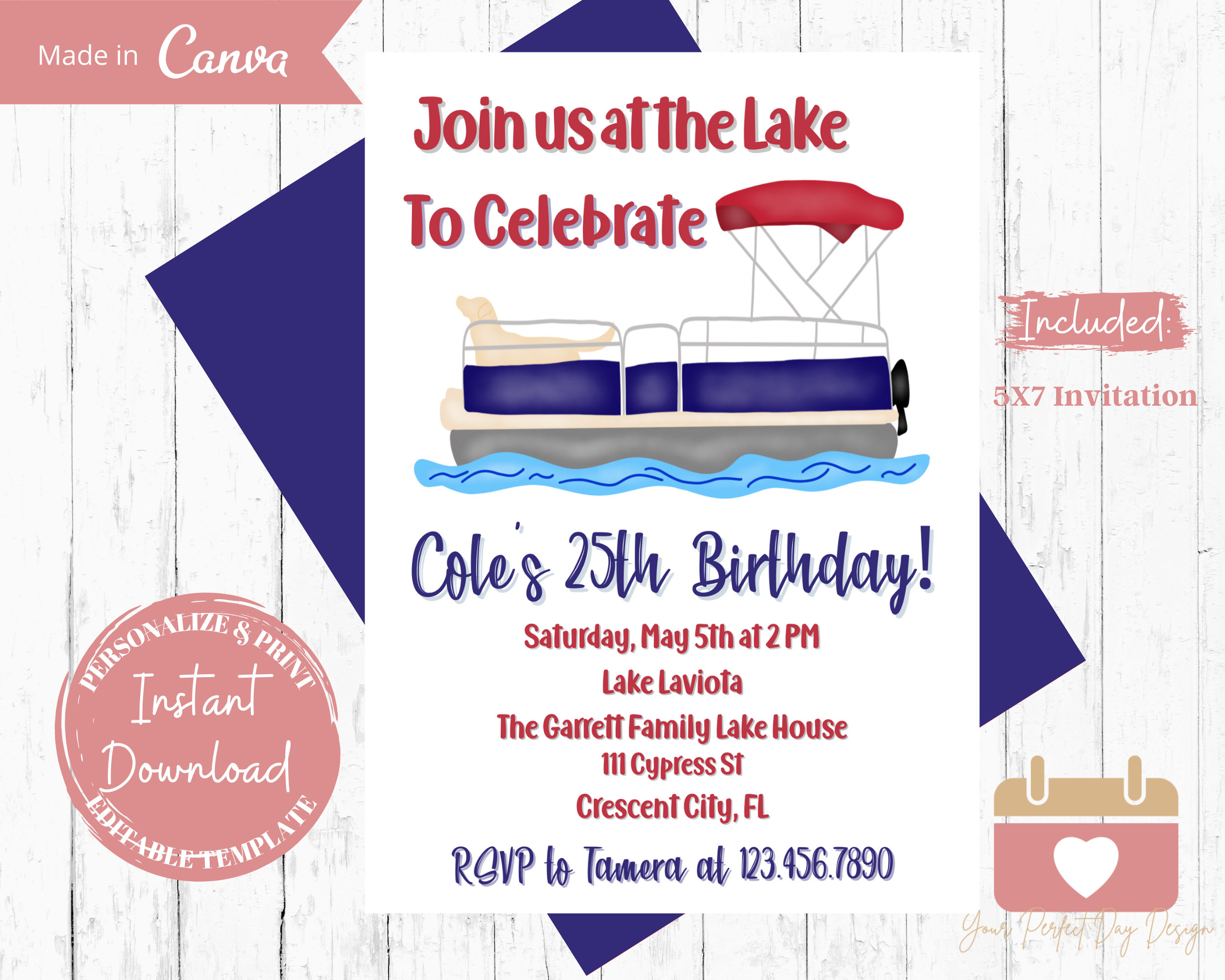 Blue Boat Lake Party Invitation, Lake Birthday Invite, Bachelor Party ...