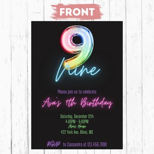 Neon 9th Birthday Invitation, Glow Party Invite, Ninth Birthday for ...