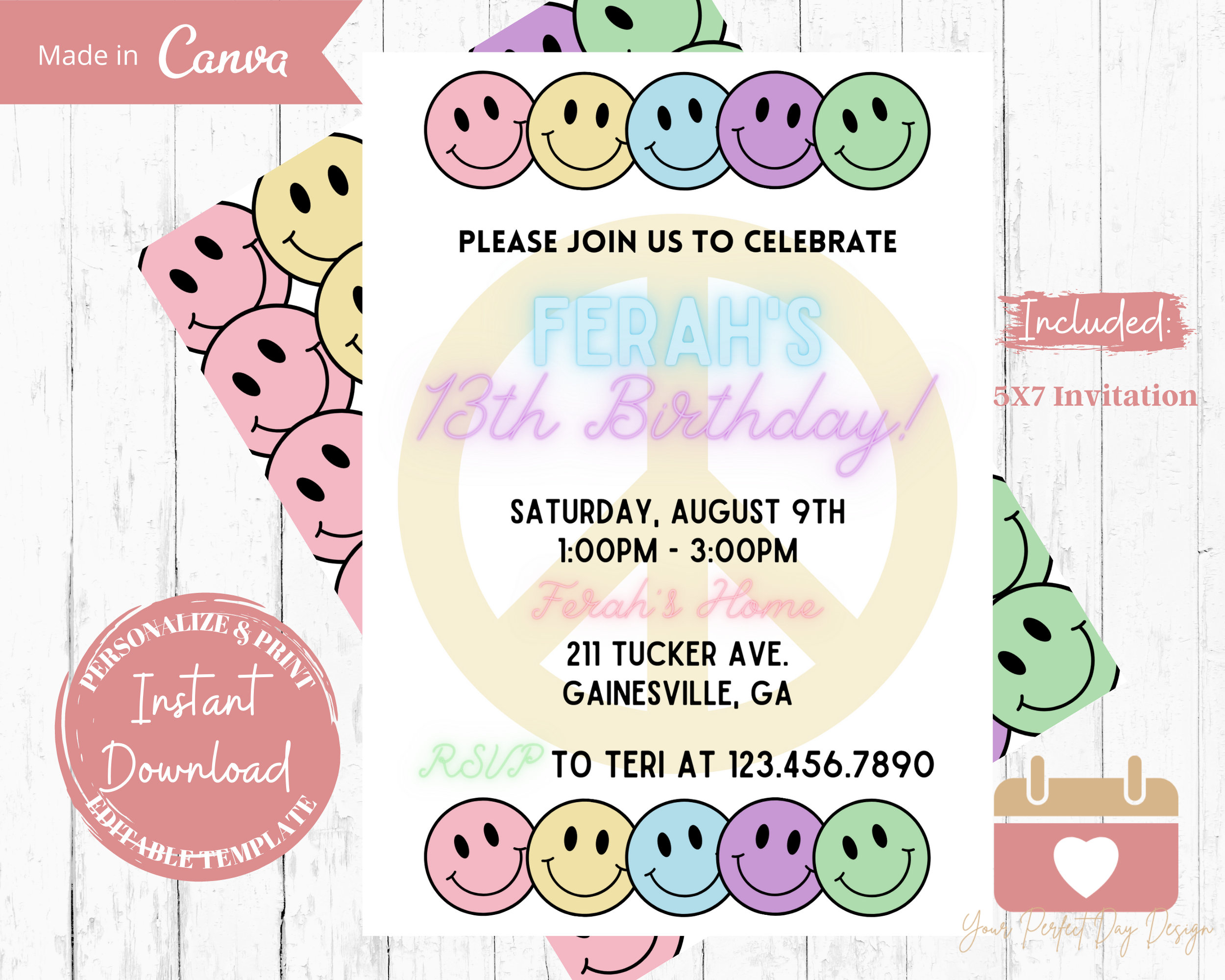 Smiley Face Birthday Invitation: Neon Emoji Party (instant Download) - Etsy