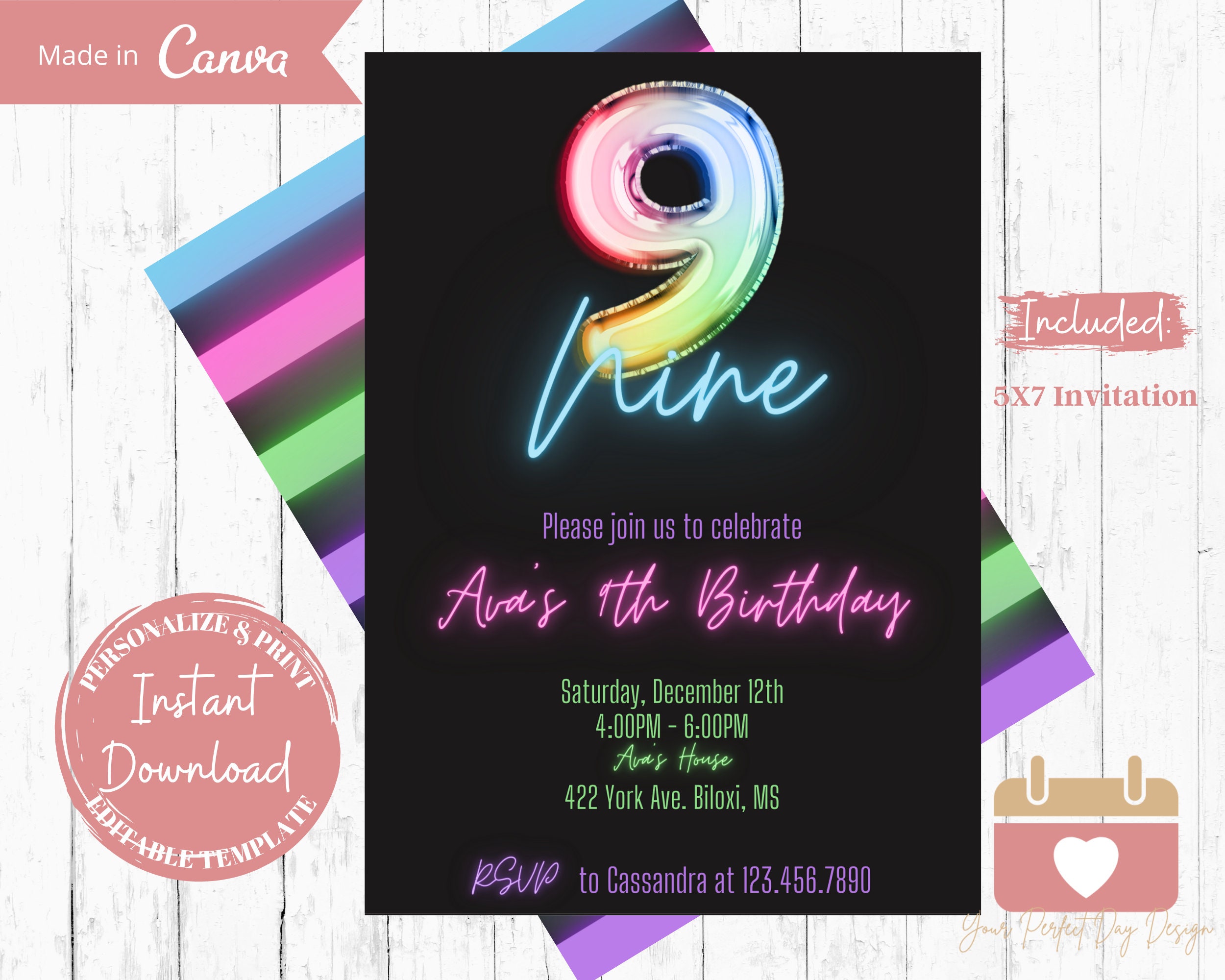 Neon 9th Birthday Invitation, Glow Party Invite, Ninth Birthday for ...