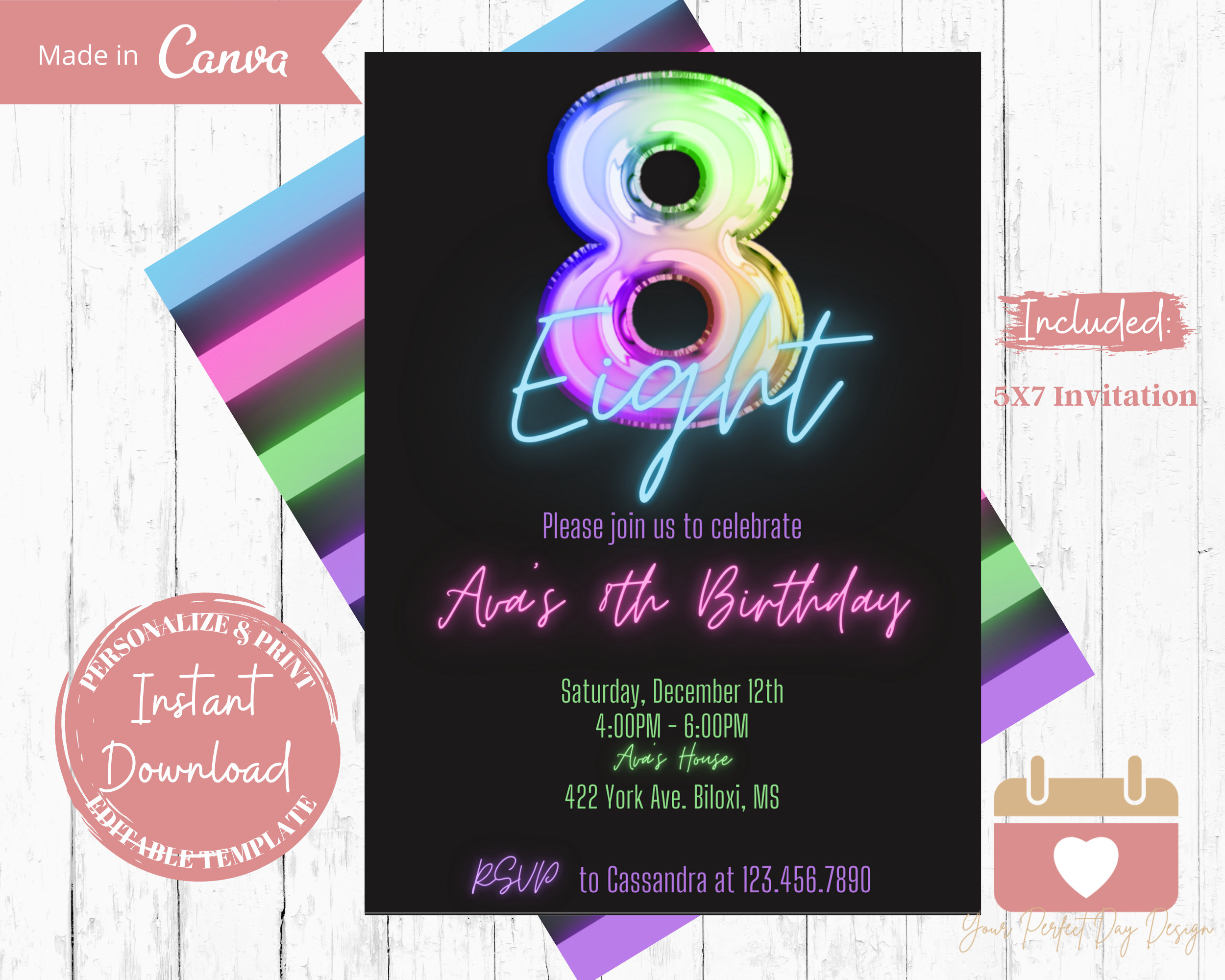Neon 8th Birthday Invitation Glow Party Invite Eighth - Etsy