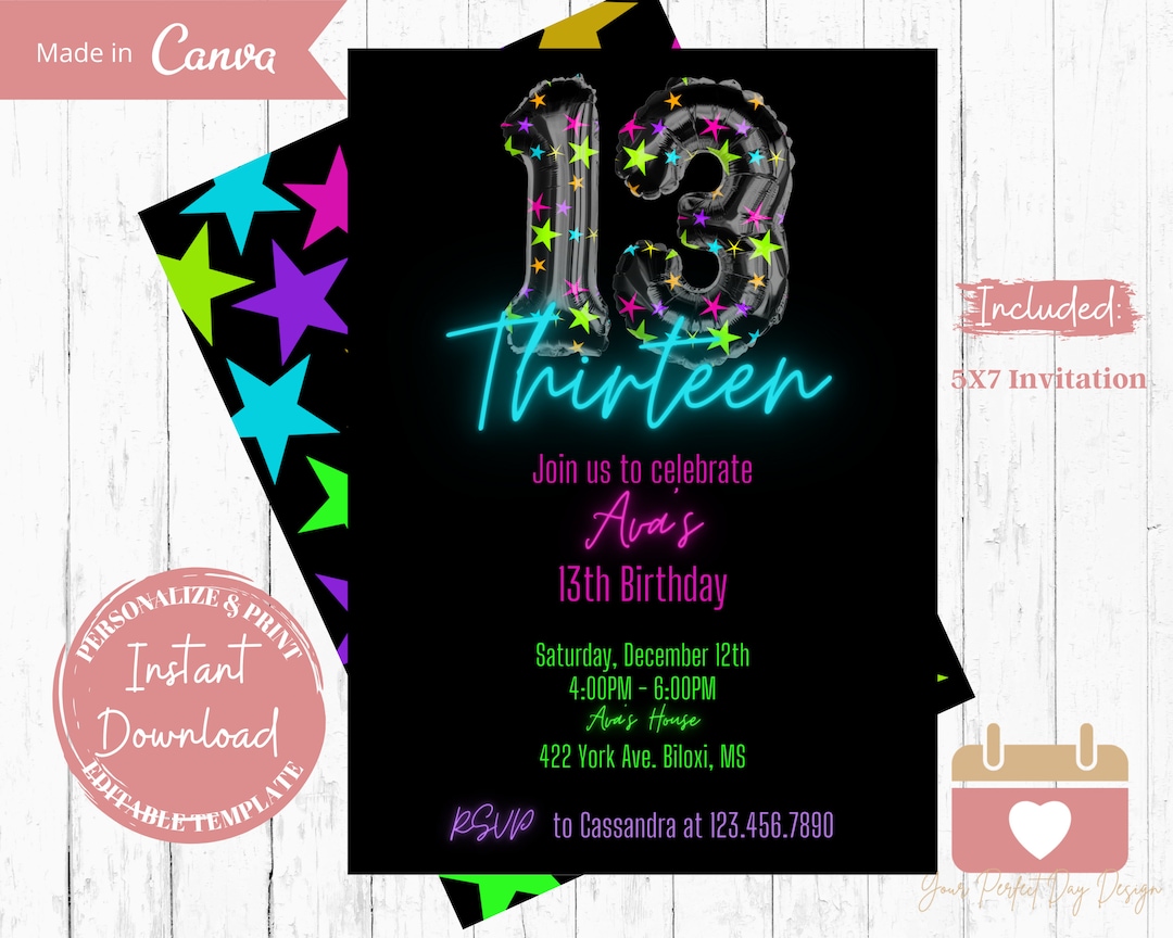Neon Stars 13th Birthday Invitation, Glow Party Evite, Thirteenth B Day ...
