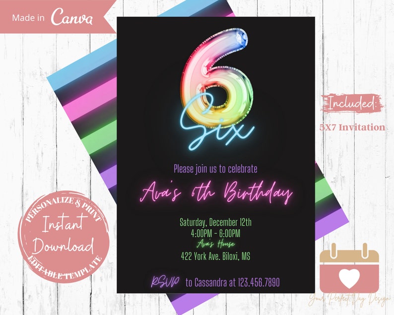 Neon 6th Birthday Invitation: Glow Party, Editable (digital Download ...