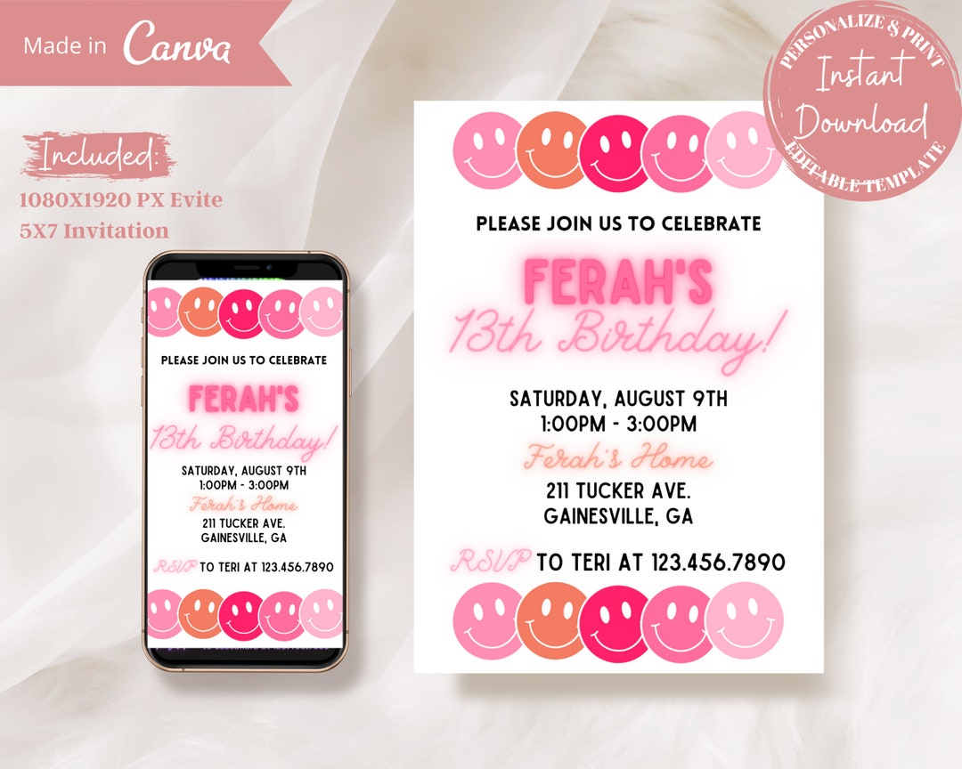 Hot Pink Smiley Face Birthday Invitation: Neon Emoji Party (instant ...
