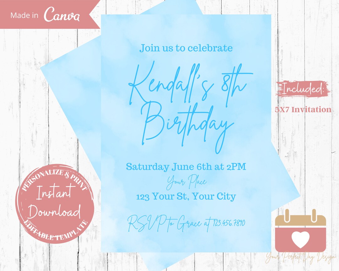 Blue Watercolor Birthday Invitation: Editable Pastel Template (digital ...