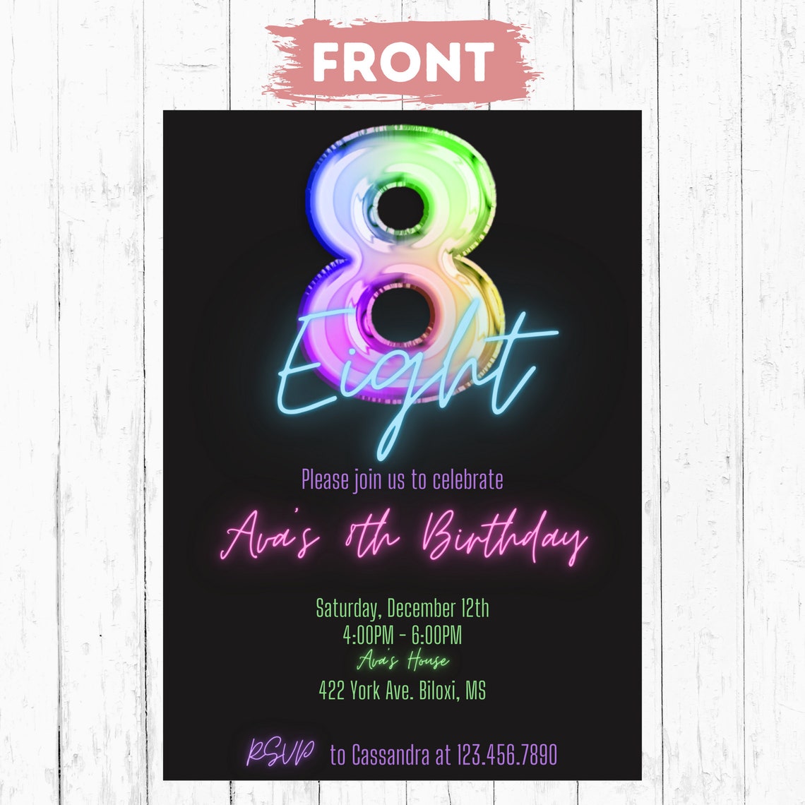 Neon 8th Birthday Invitation Glow Party Invite Eighth - Etsy