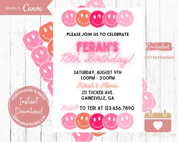 Hot Pink Smiley Face Birthday Invitation Emoji Party Peace | Etsy