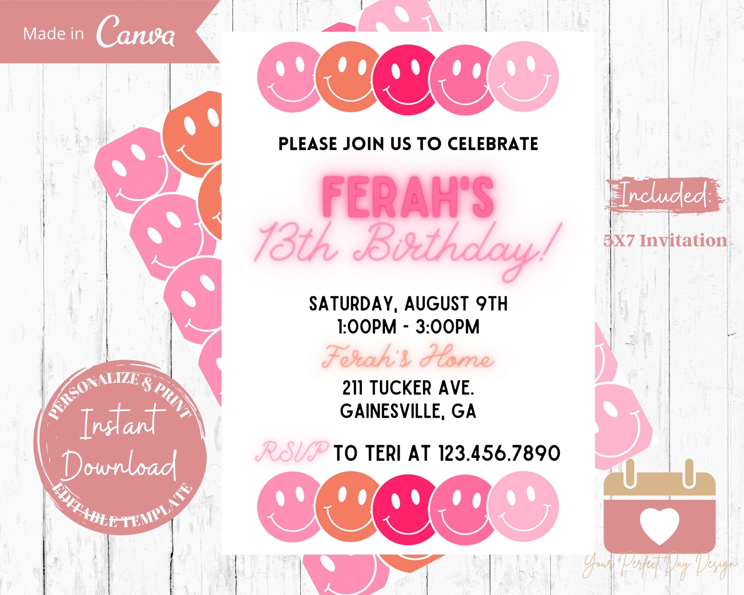 Hot Pink Smiley Face Birthday Invitation Emoji Party Peace - Etsy