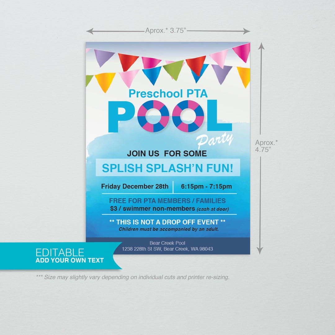 Editable Template - Instant Download, Pool Party, School PTA, Kids ...