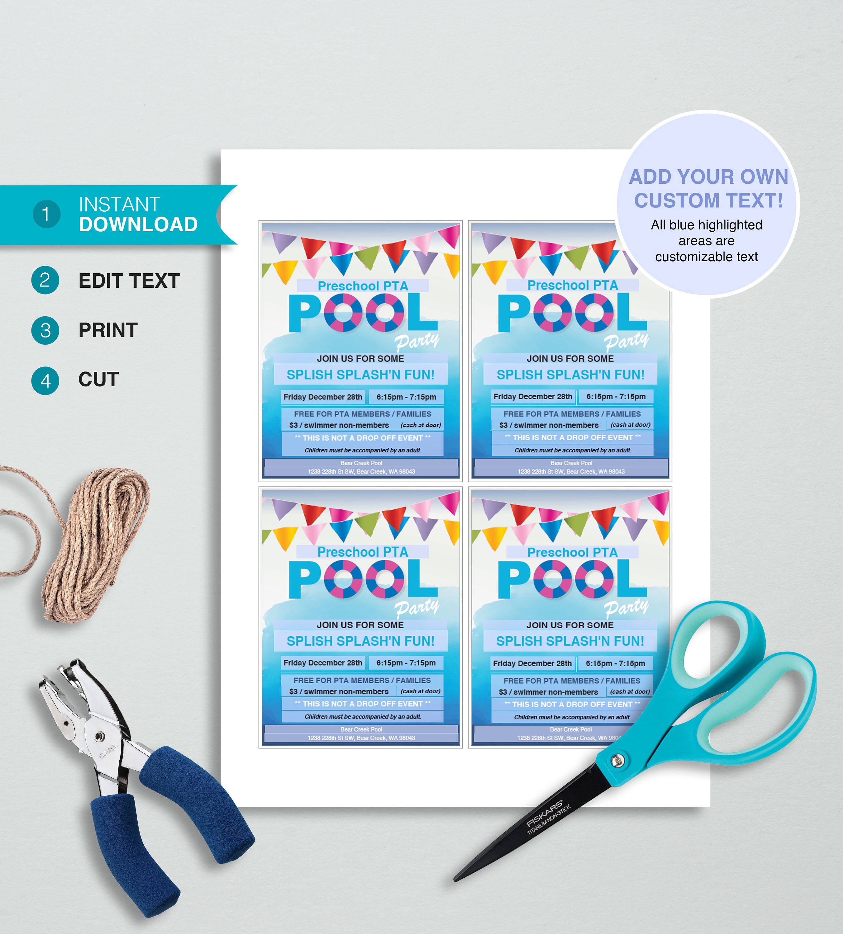 Editable Template - Instant Download, Pool Party, School PTA, Kids ...