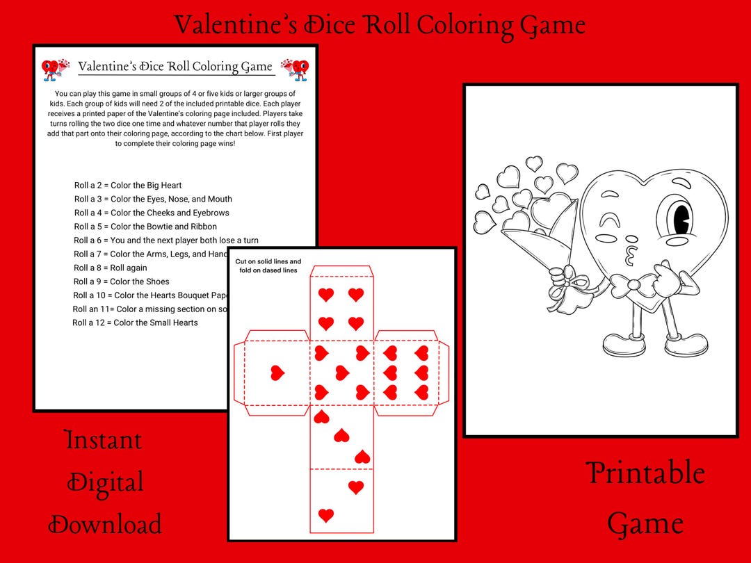 Kids Valentine’s Dice Roll and Color Printable Game - Etsy