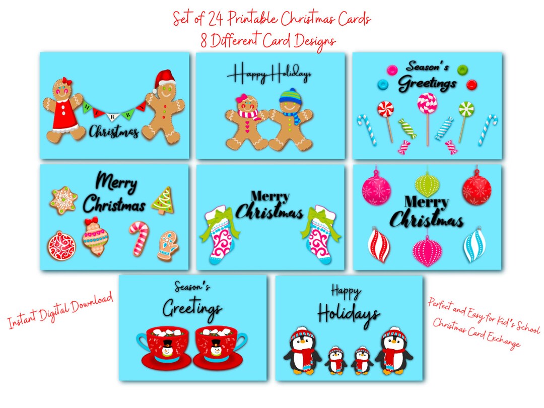 Set of 24 Printable Christmas Cards, Printable Christmas Cards for Kids ...