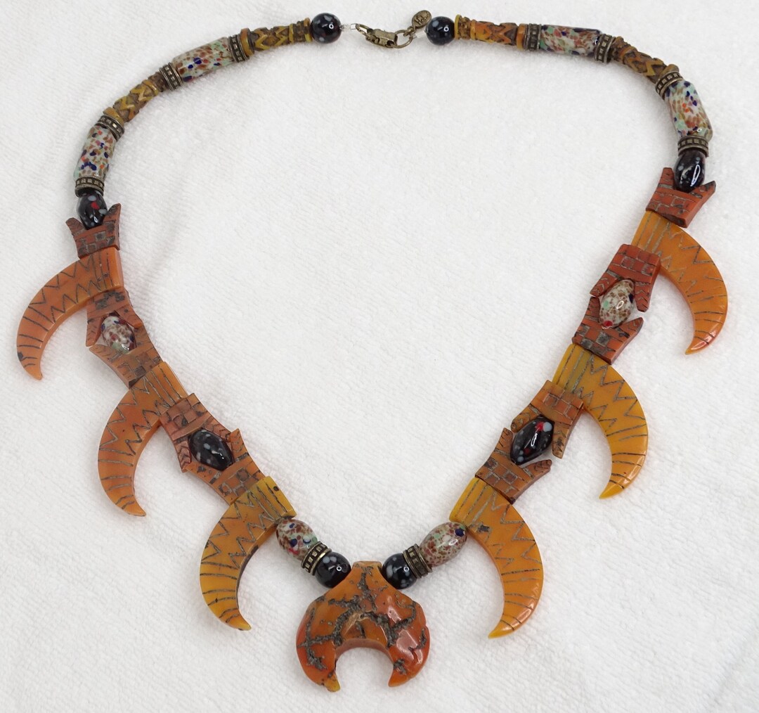 Vtg Ultra-rare Hobe Ethnic Tribal Resin Claw & Art Glass Bead Statement ...
