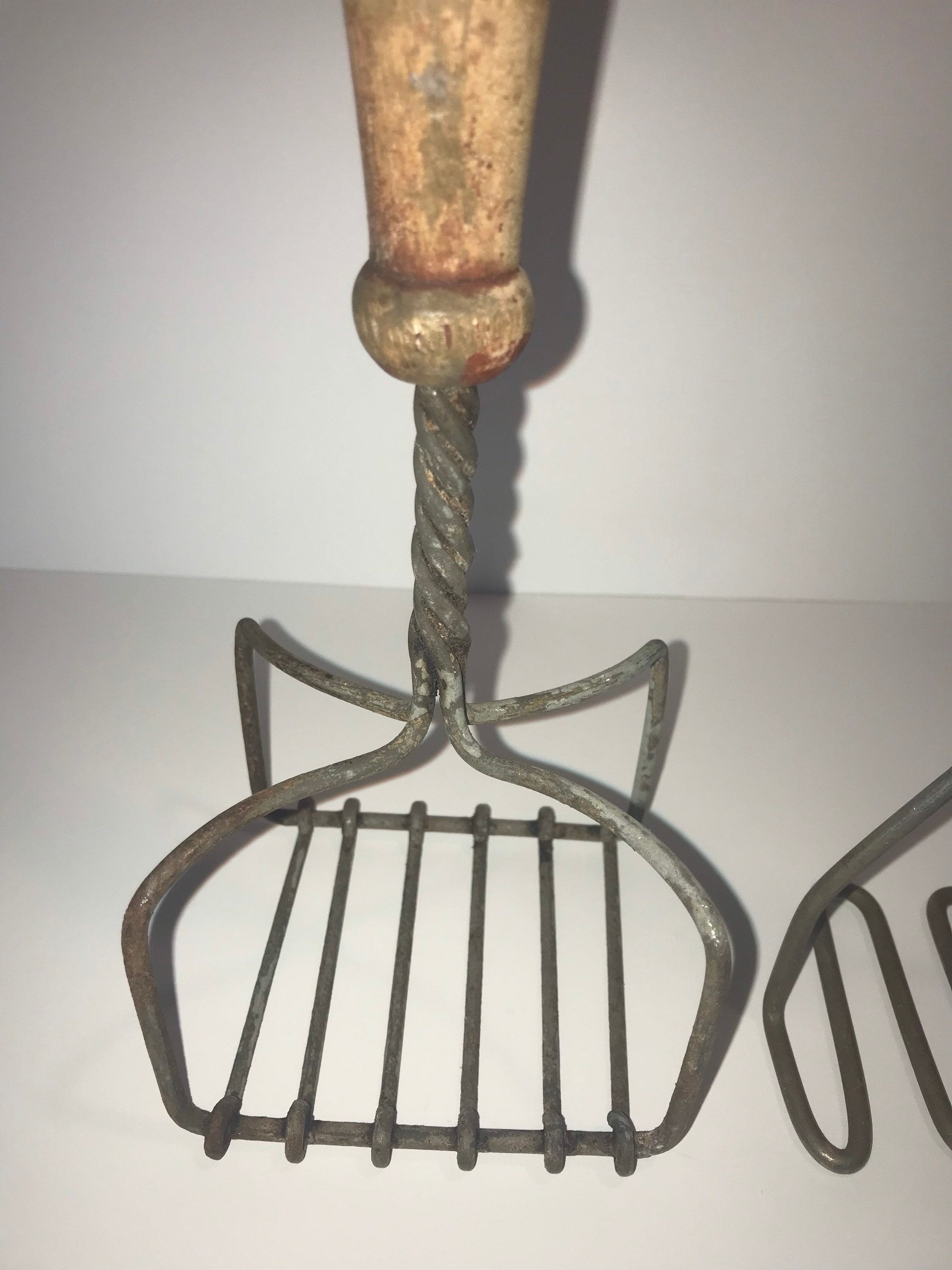 Vintage Primitive Potato Mashers Wood Handle Chipped Paint Twisted ...