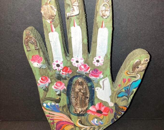 Mexican Folk Art Healing Hand of Fatima Milagros Flowers Dove Candles ...