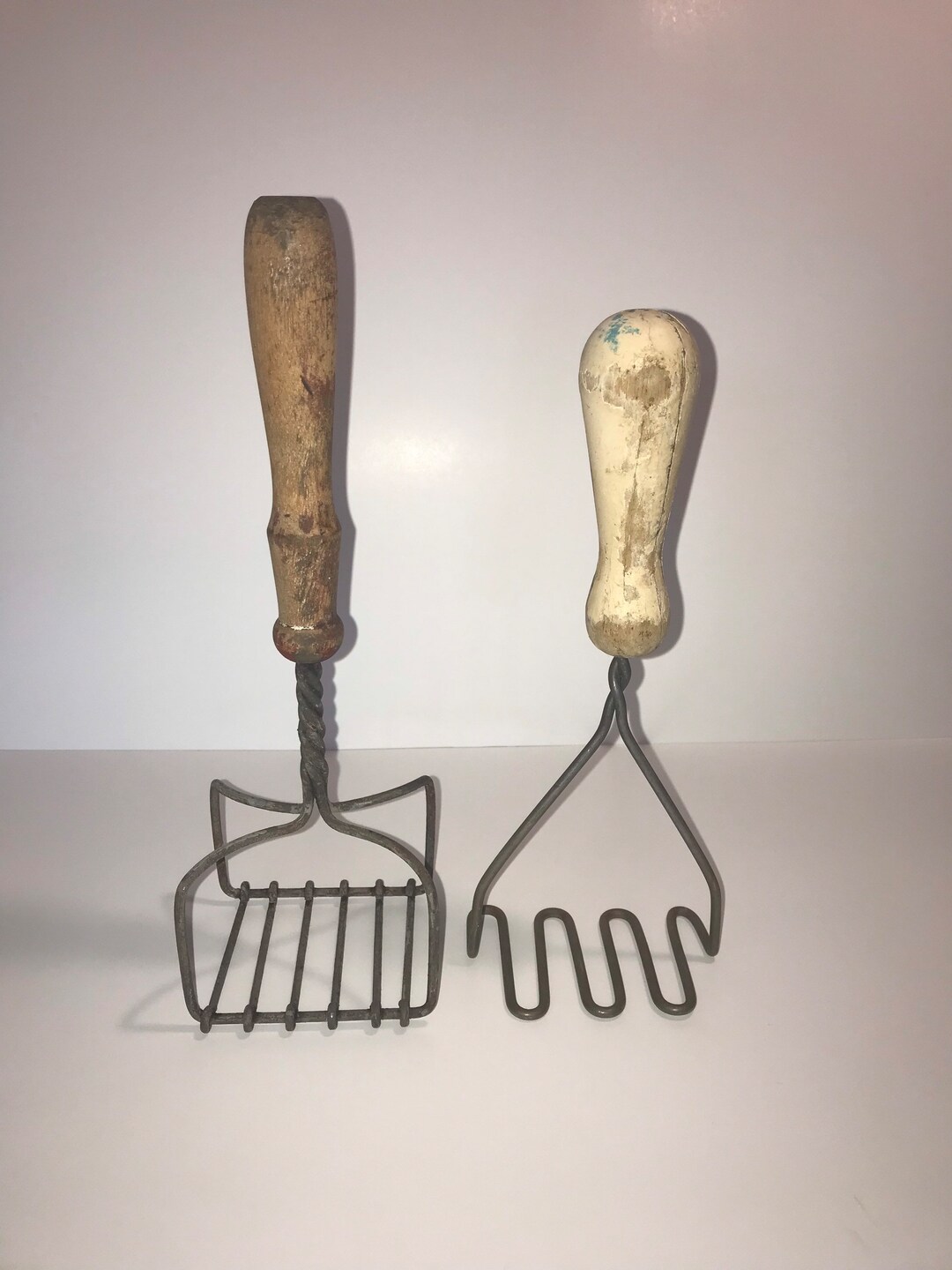 Vintage Primitive Potato Mashers Wood Handle Chipped Paint Twisted ...