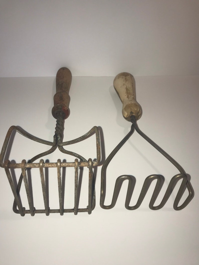 Vintage Primitive Potato Mashers Wood Handle Chipped Paint Twisted ...