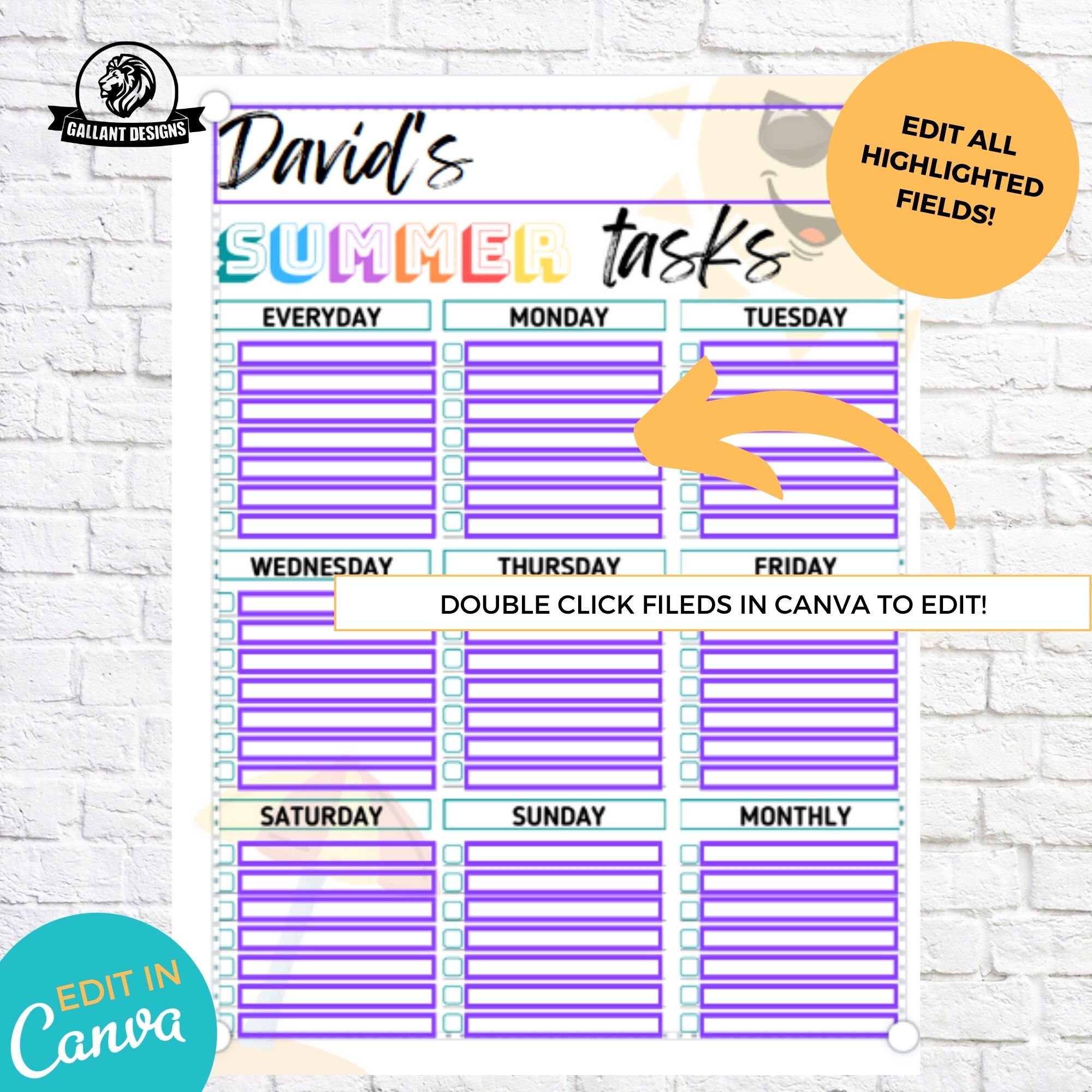Summer Chores Tracker to Do List Task Chart Kids Routine - Etsy