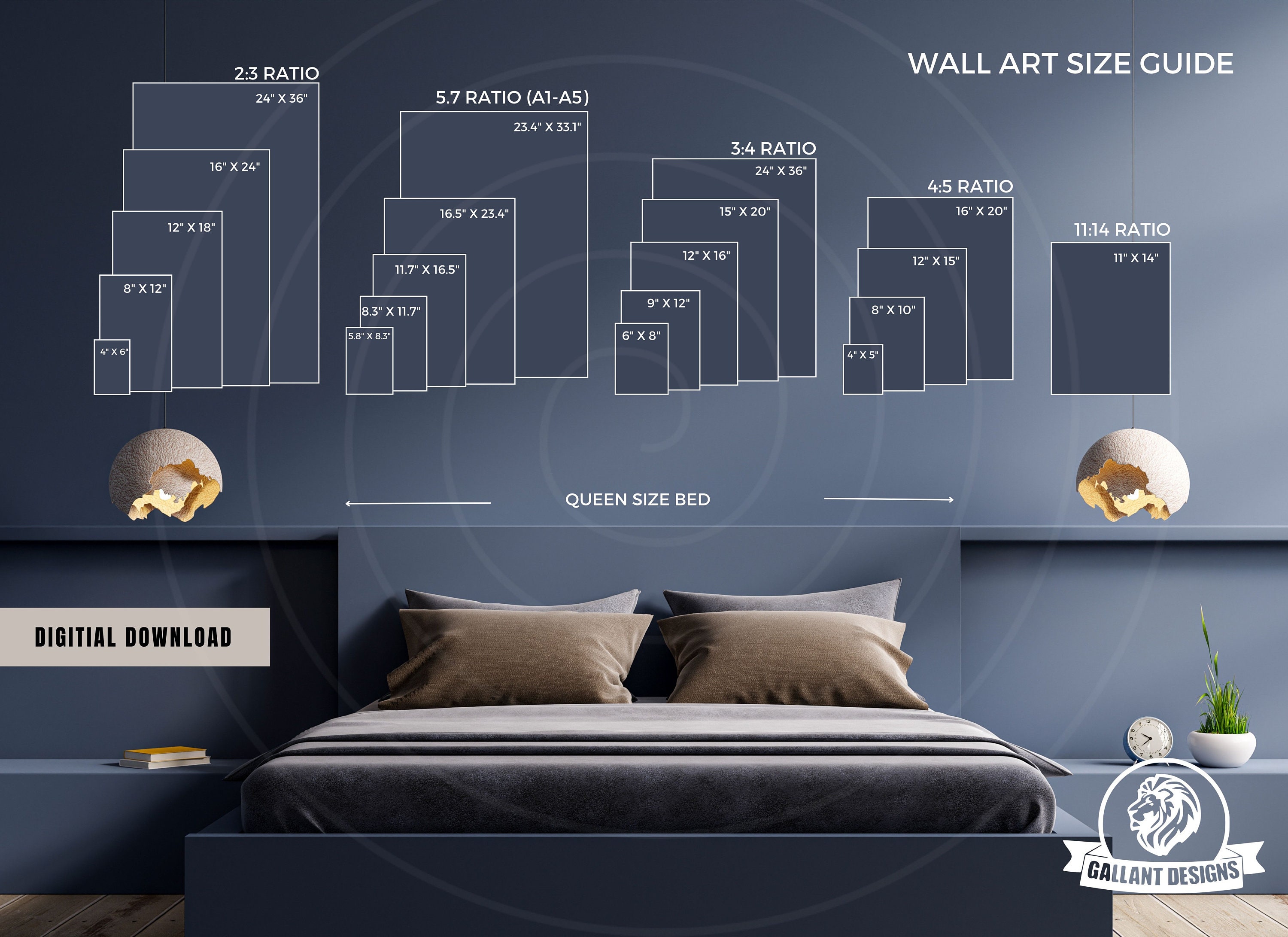 Bedroom Wall Art Size Guide Mock Up, Wall Art Size Chart, Navy Blue ...