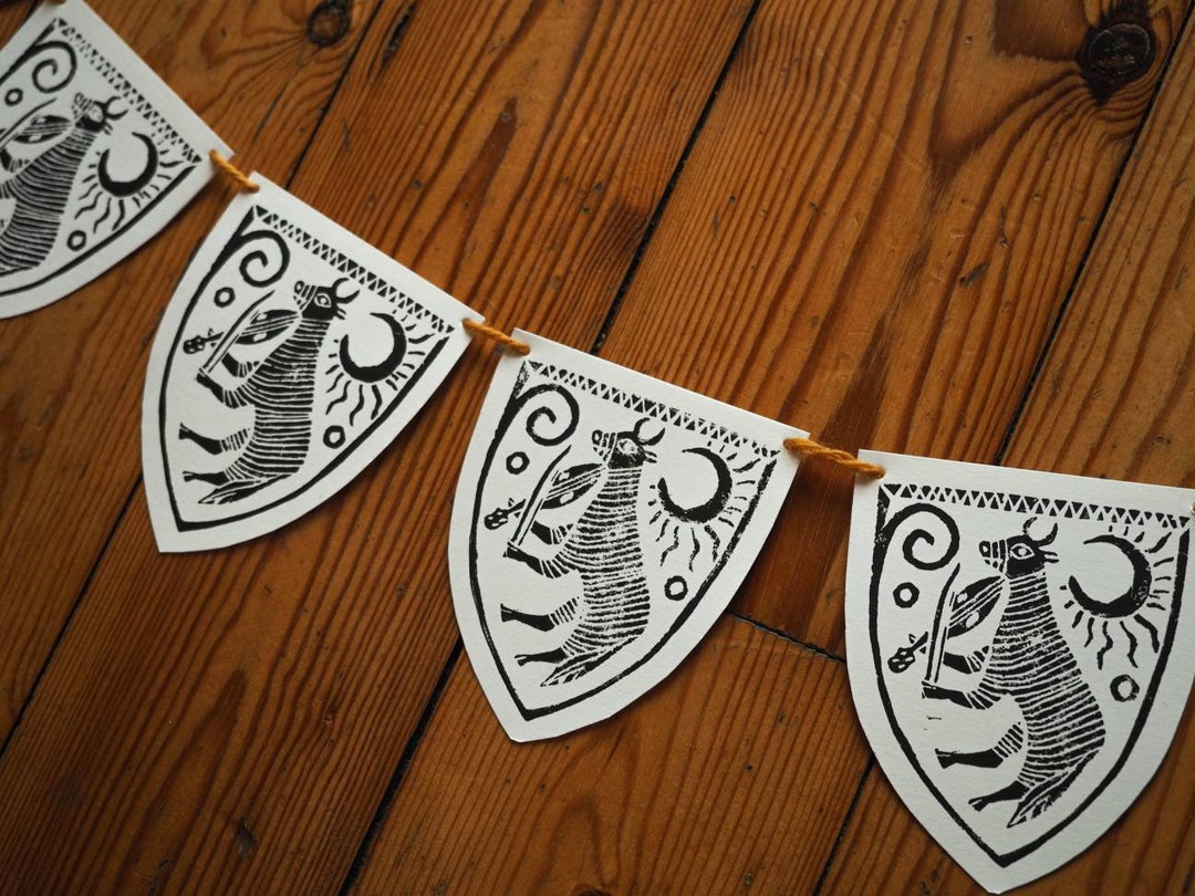 Cow Playing the Fiddle Garland - Linocut Garland - Medieval Style Wall ...