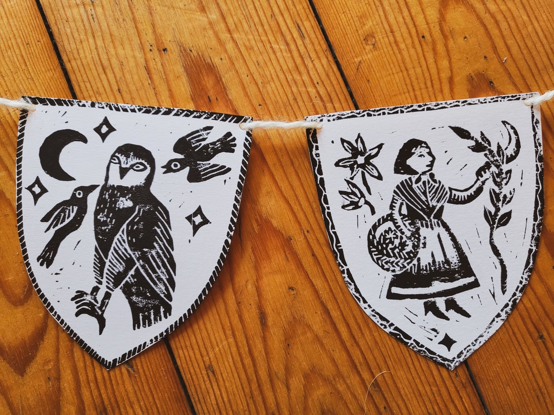 Medieval Linocut Paper Garland - Herbalist Garland - Owl Linoprint ...